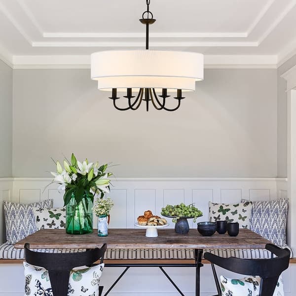 Martina 5-Light Black Chandelier Light with White Double Drum Shade ...